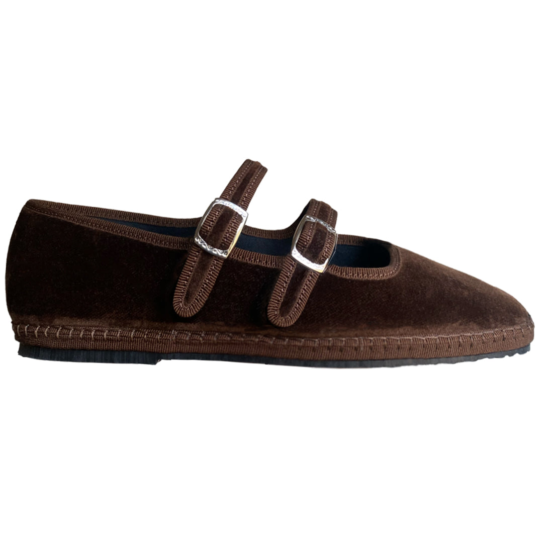 Chocolate Brown Double Mary Jane - Italian Velvet Shoes